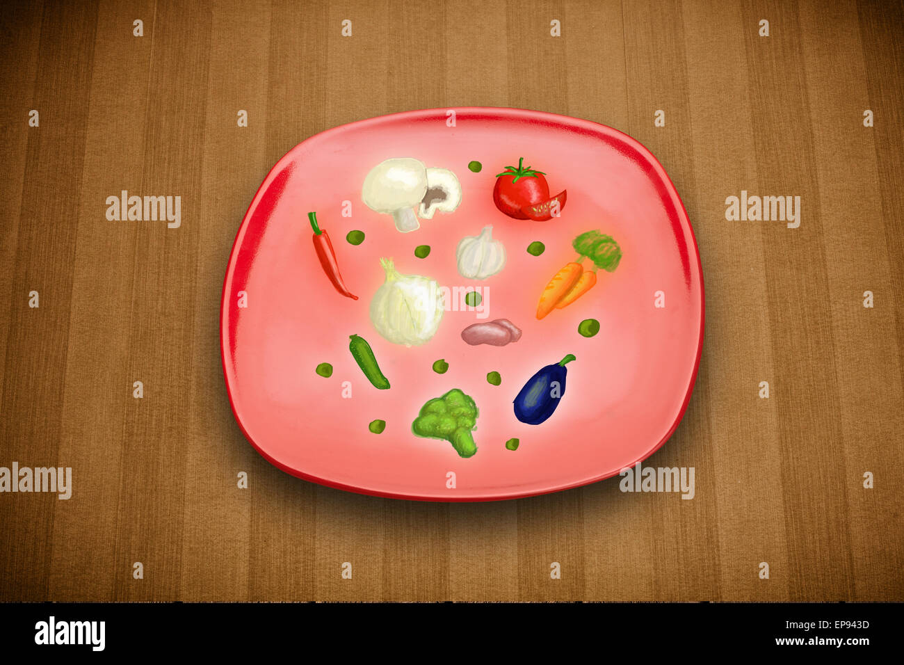 Colorful plate with hand drawn icons, symbols, vegetables and fruits ...