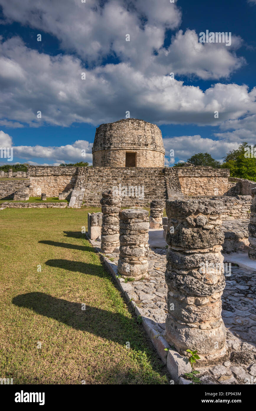 Columns at plaza, El Templo Redondo (Rounded Temple), Maya ruins at ...