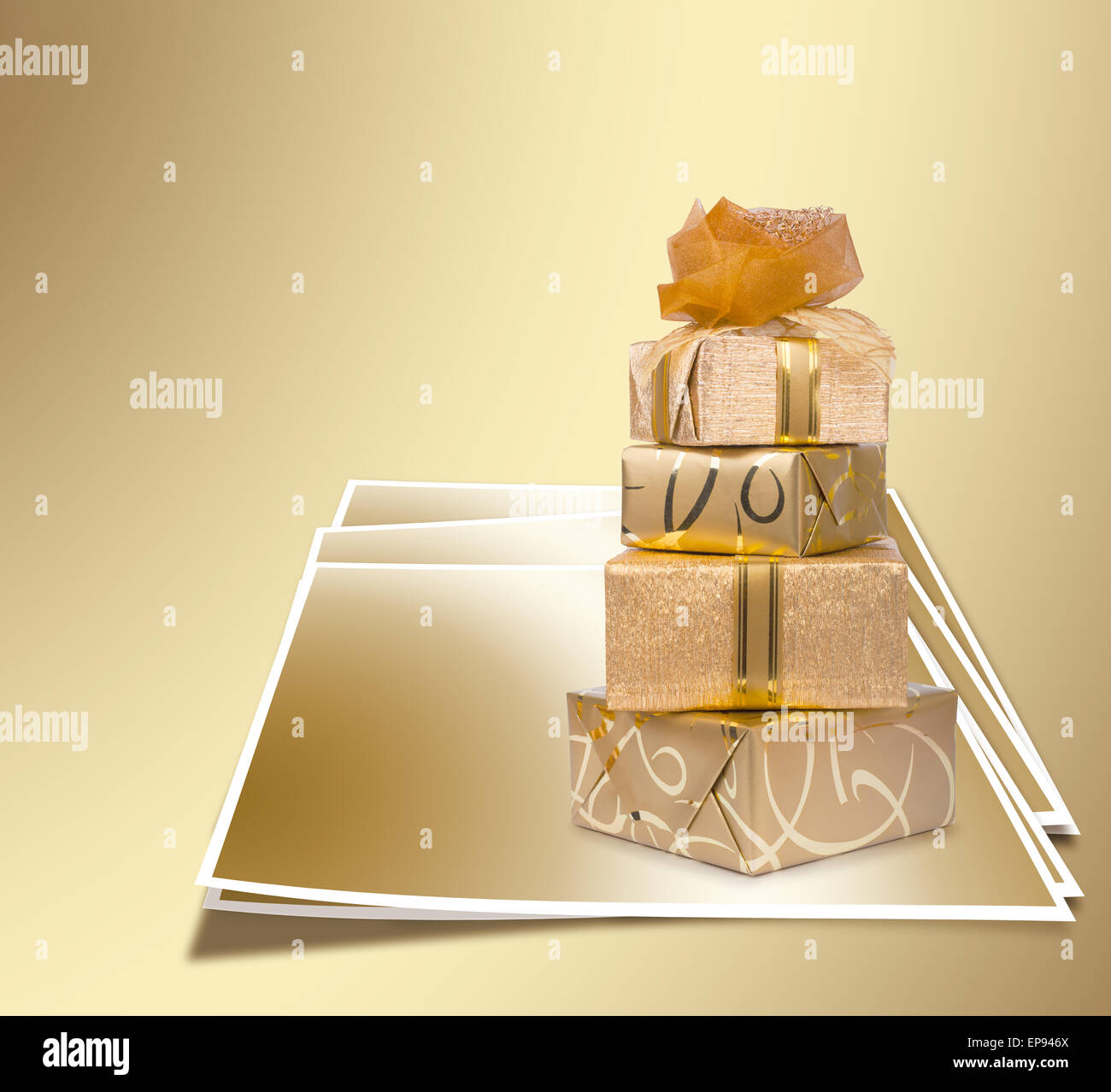 Beautiful gift box in gold paper with a silk rose on gold abstract ...