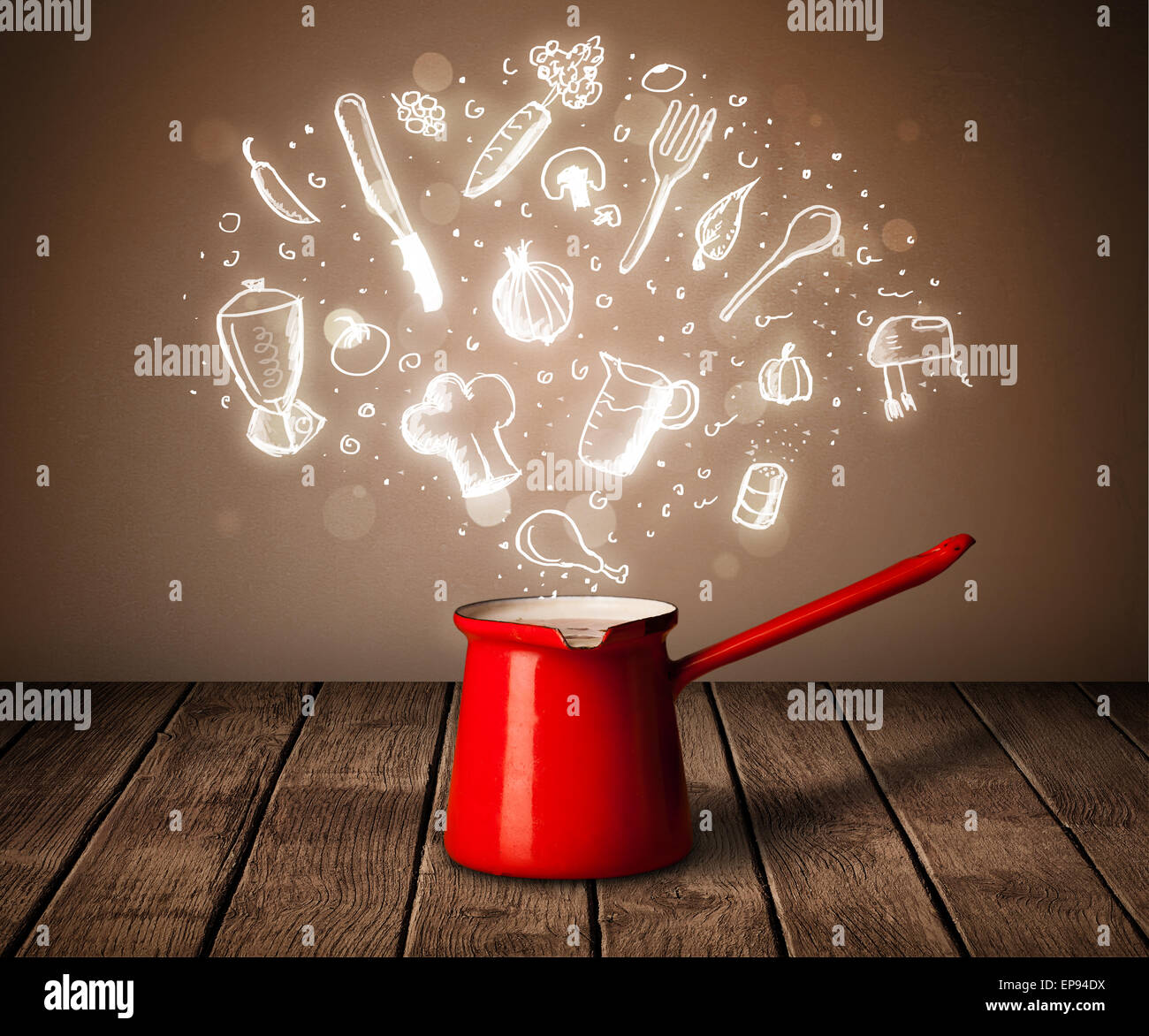 cooking icons coming out from cooking pot Stock Photo - Alamy