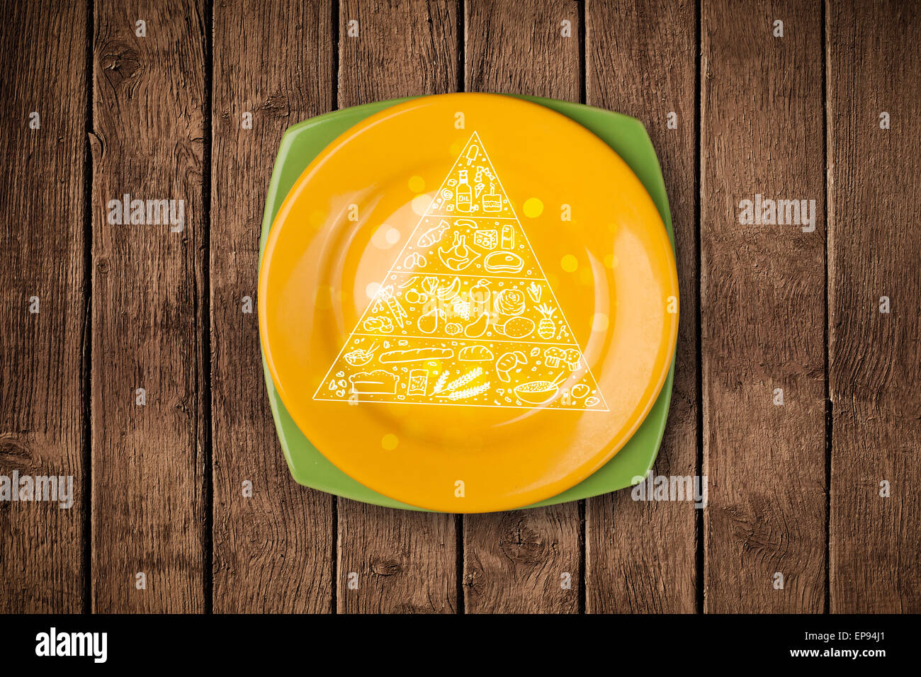 Hand drawn food pyramid on colorful dish plate Stock Photo - Alamy
