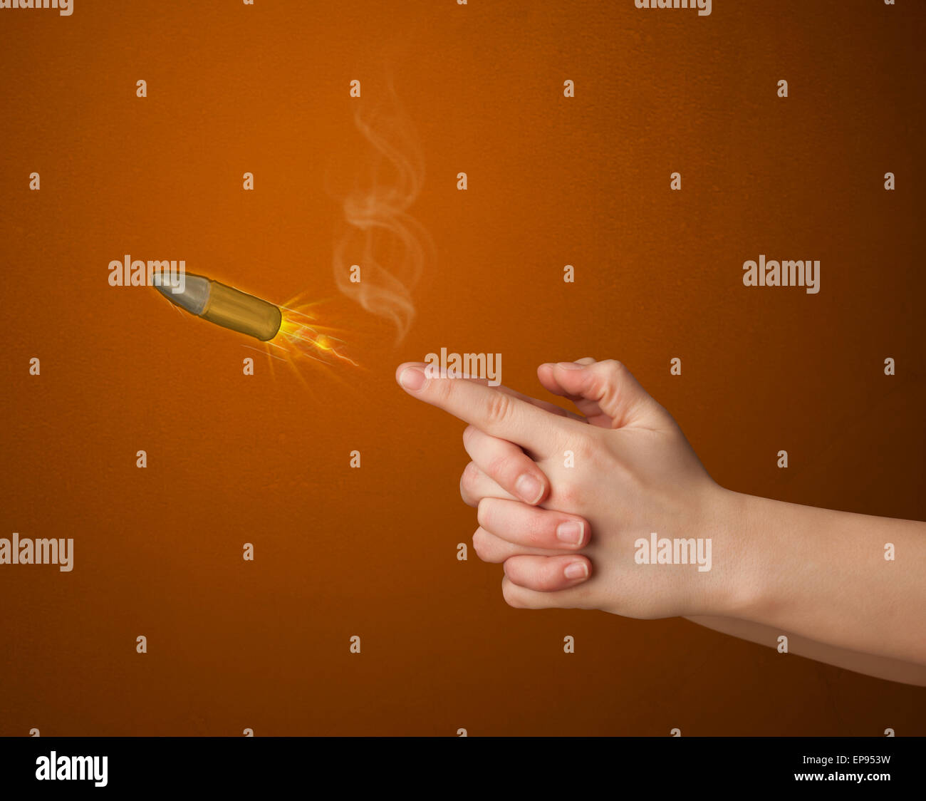 Gun shaped woman hand with bullet Stock Photo - Alamy