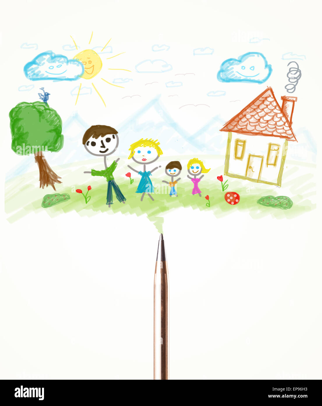 Pen close-up with a drawing of a family Stock Photo - Alamy
