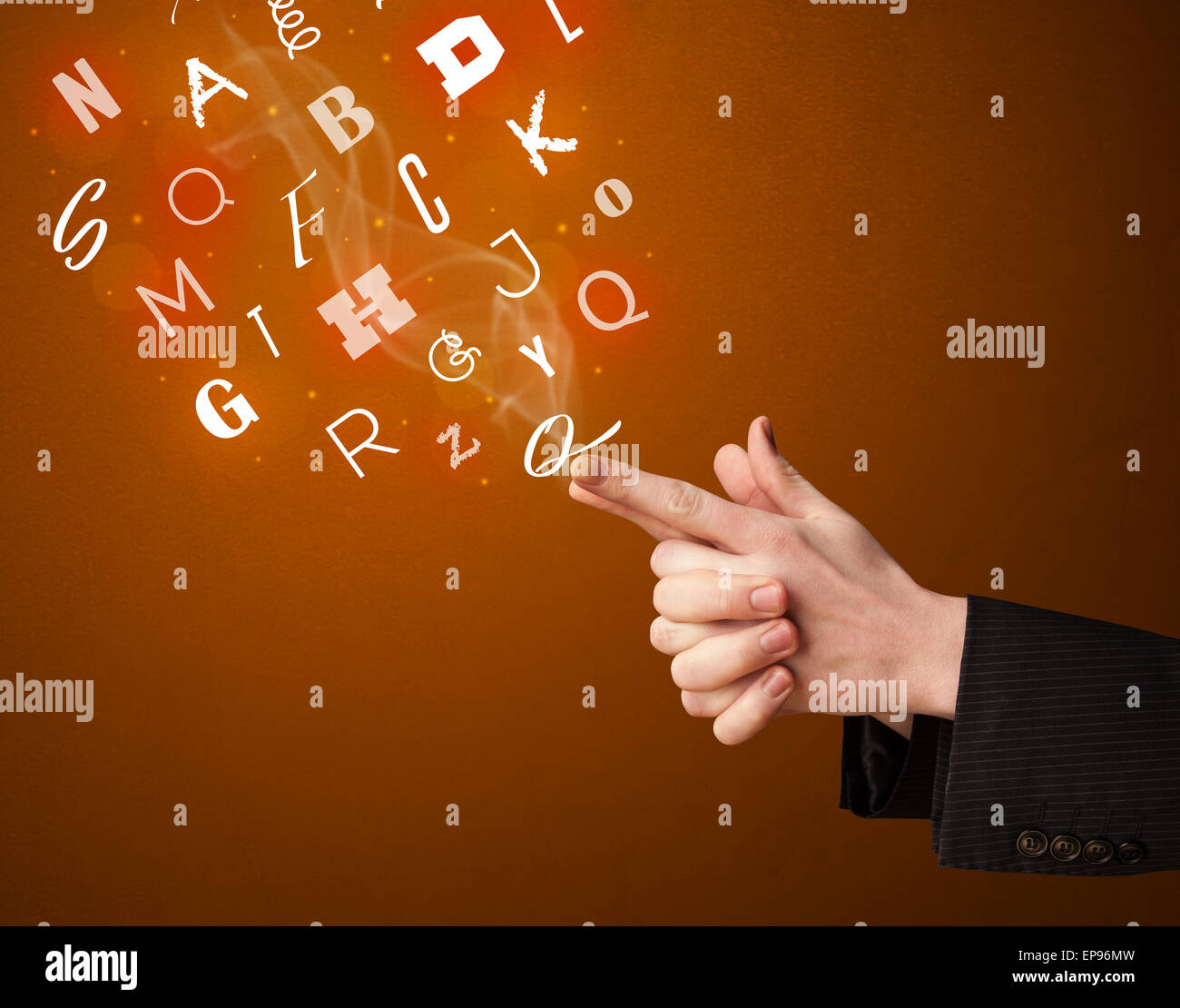 Letters coming out of gun shaped hands Stock Photo - Alamy