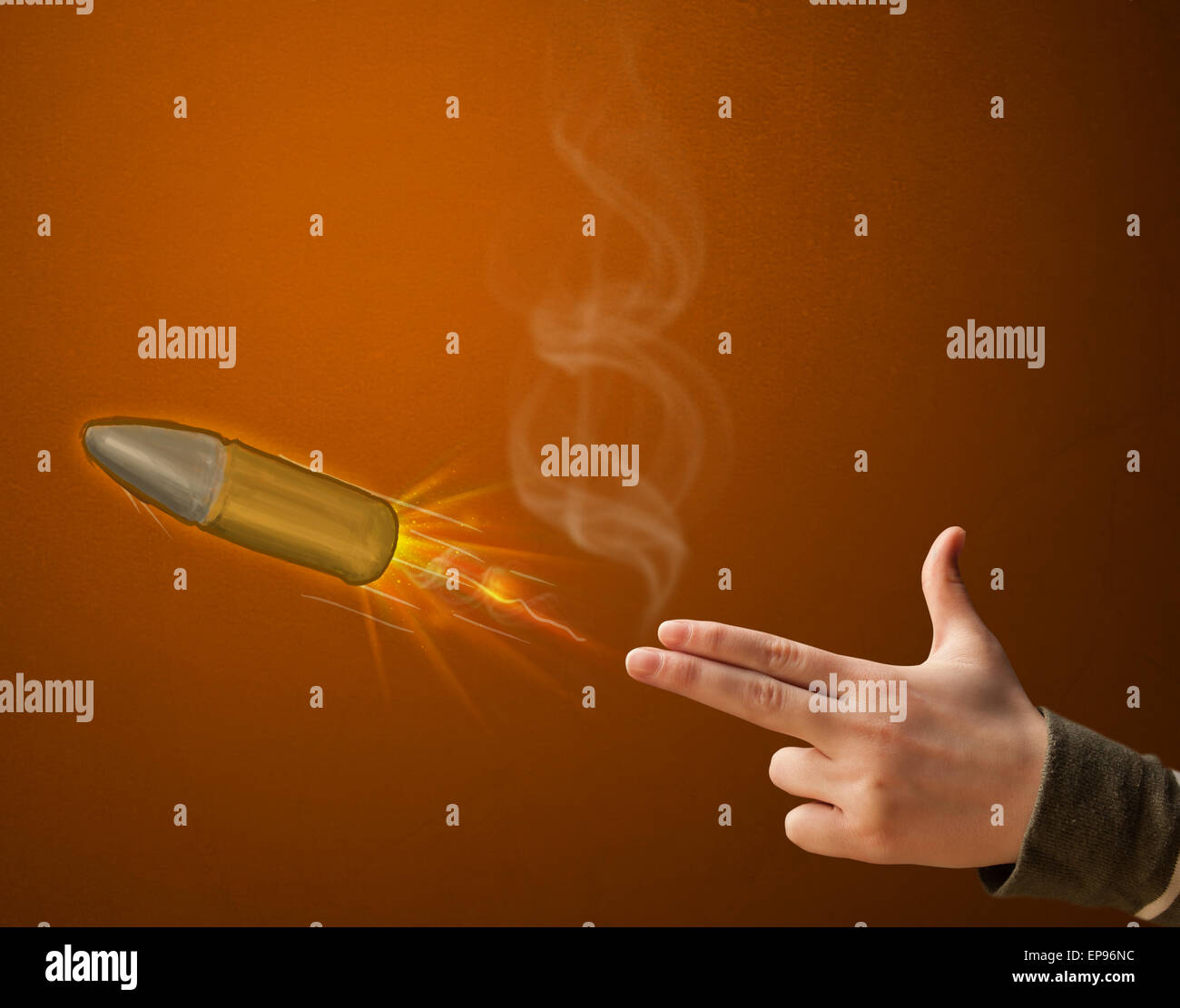 Gun shaped woman hand with bullet Stock Photo - Alamy