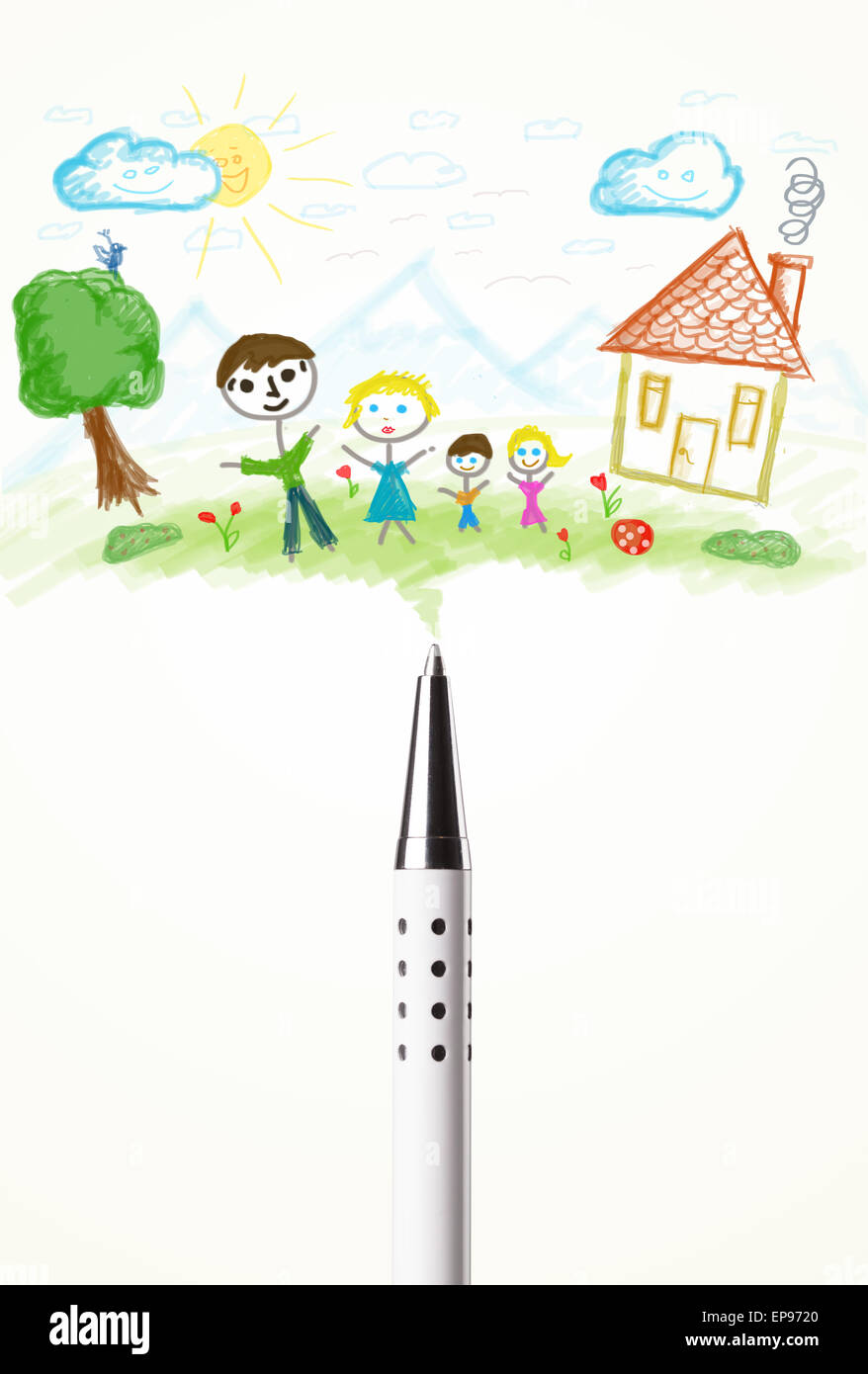 Pen close-up with a drawing of a family Stock Photo - Alamy