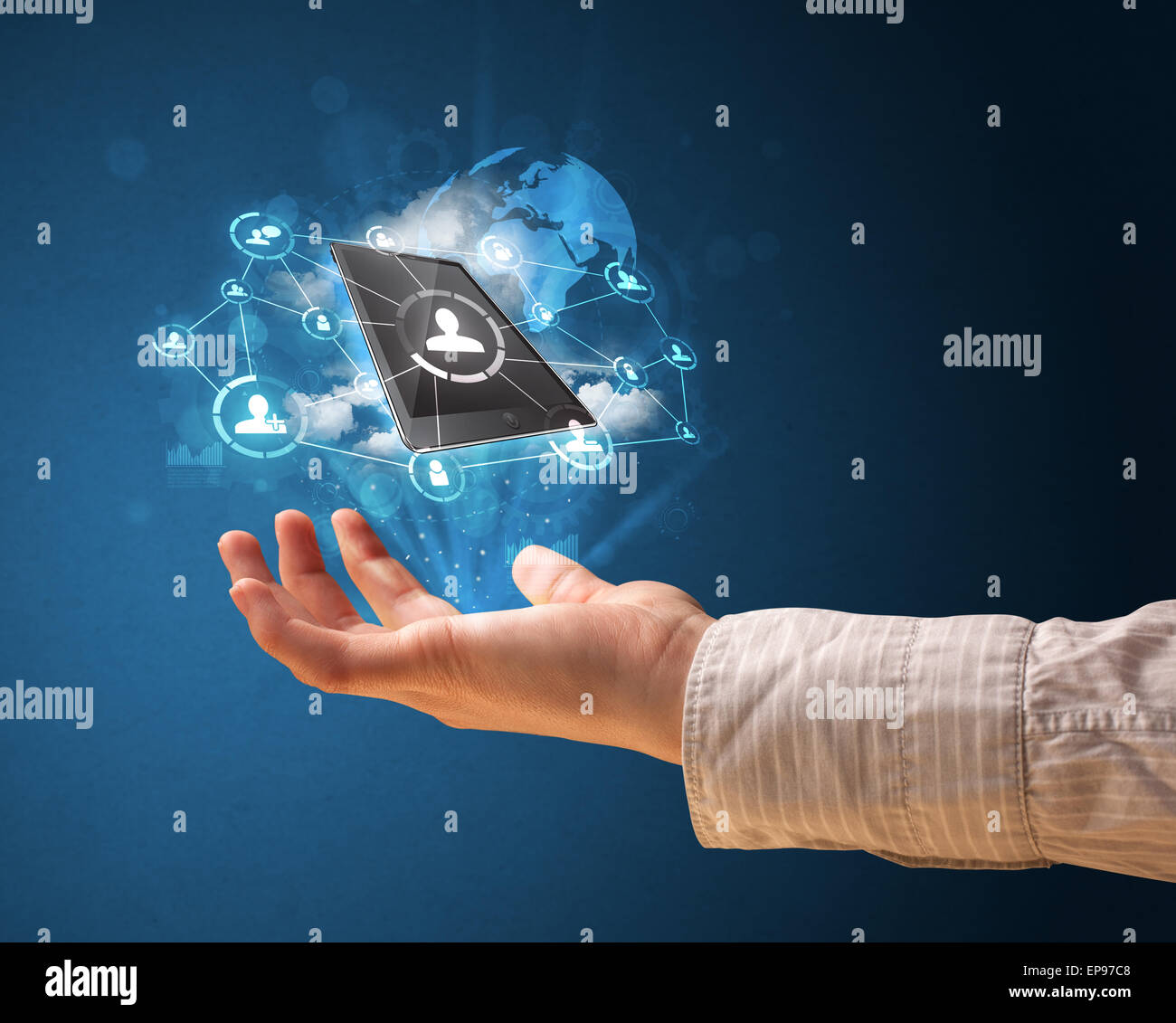 Cloud technology in the hand of a woman Stock Photo - Alamy