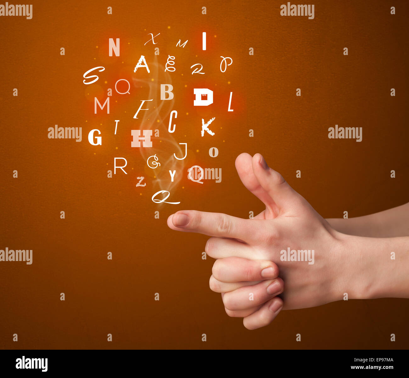 Letters coming out of gun shaped hands Stock Photo - Alamy