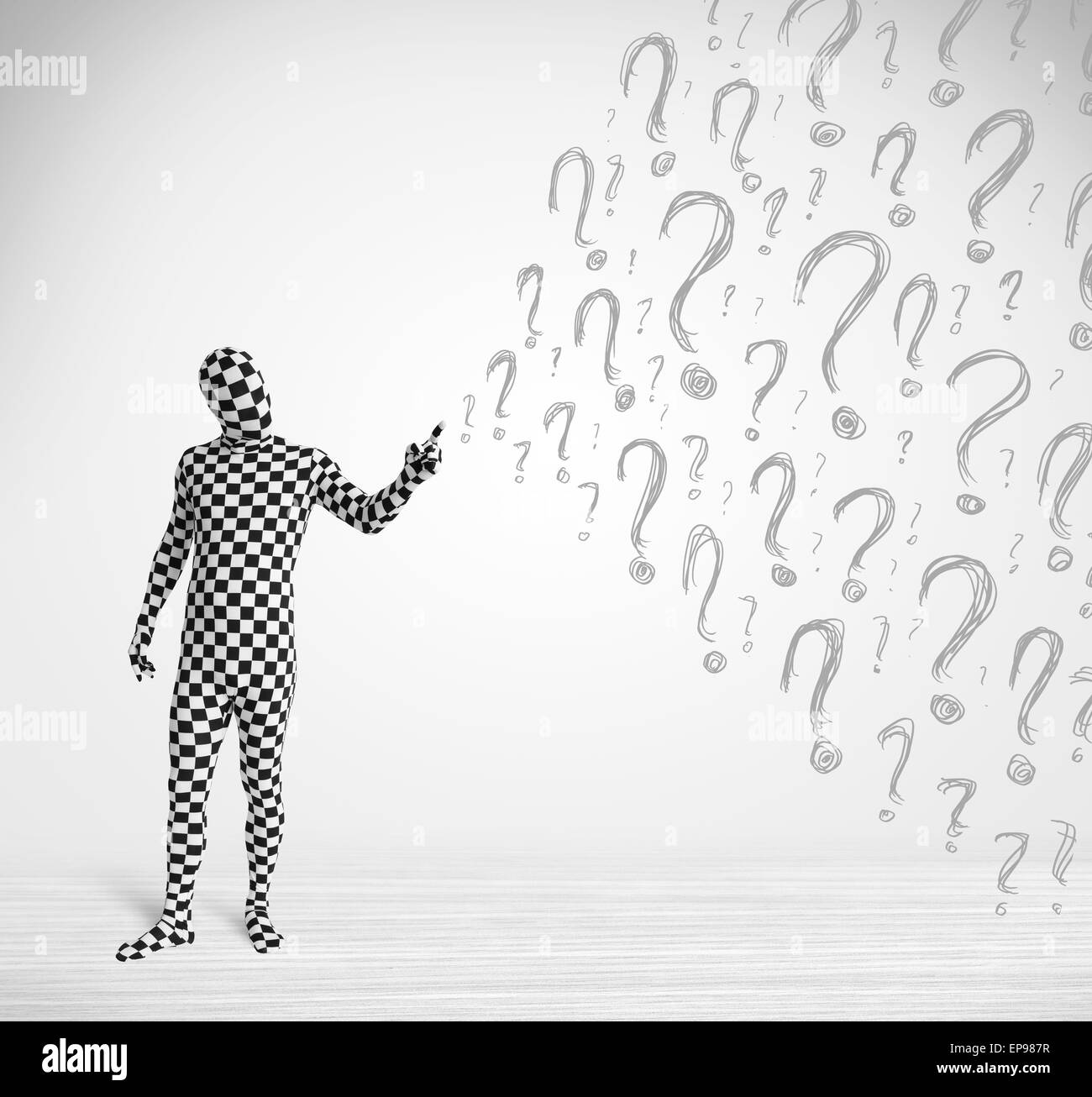 3d human character is body suit looking at hand drawn question marks ...