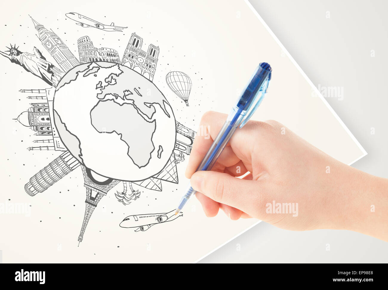 Hand drawing vacation trip around the earth with landmarks and cities ...