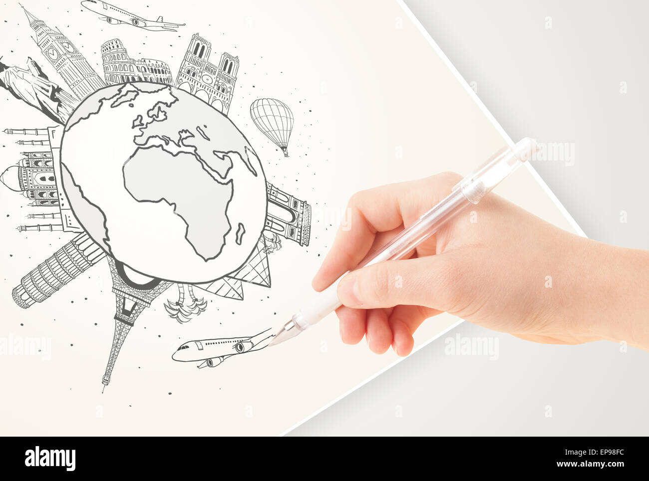 Hand drawing vacation trip around the earth with landmarks and cities ...