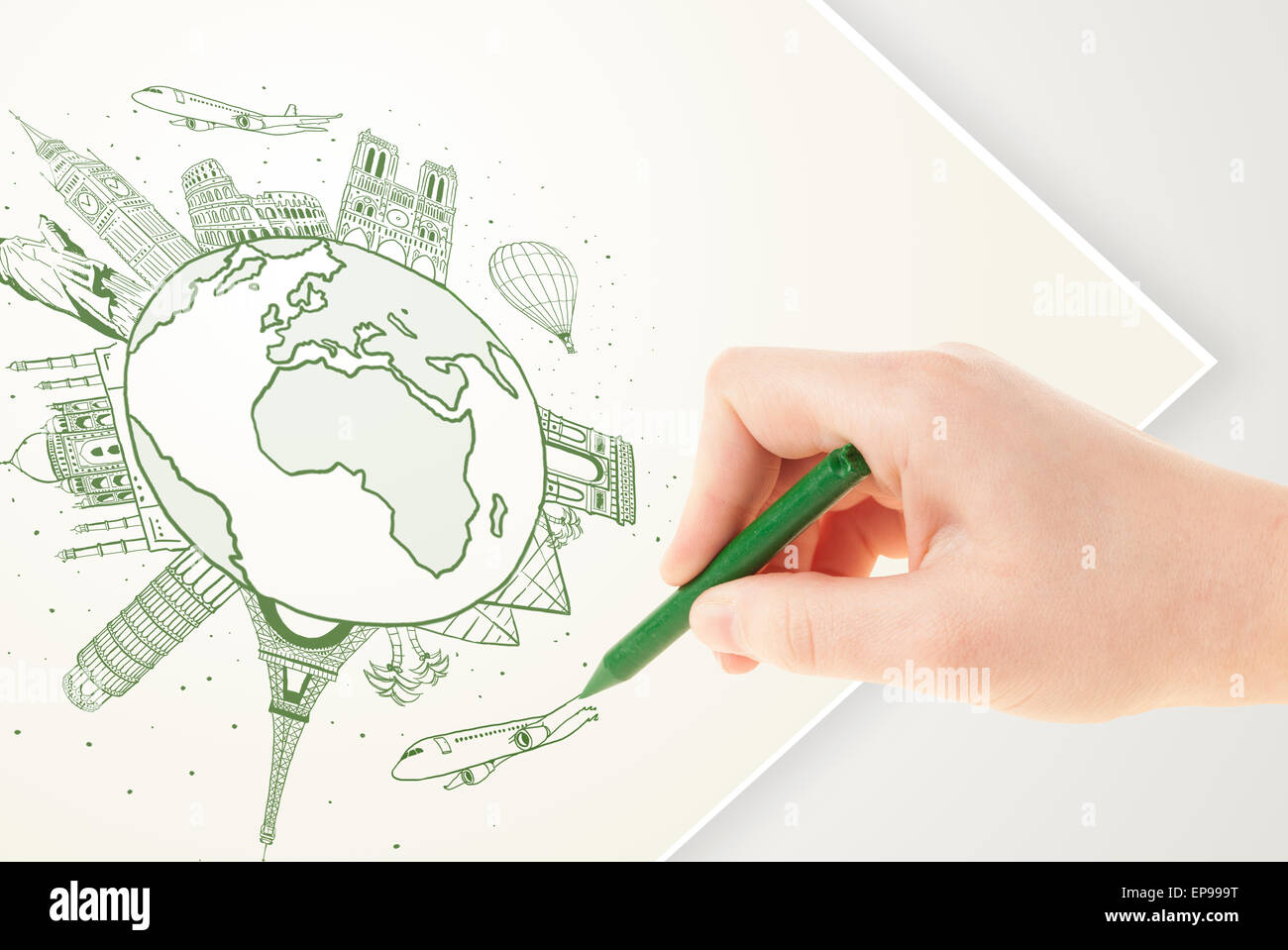 Hand drawing vacation trip around the earth with landmarks and cities ...
