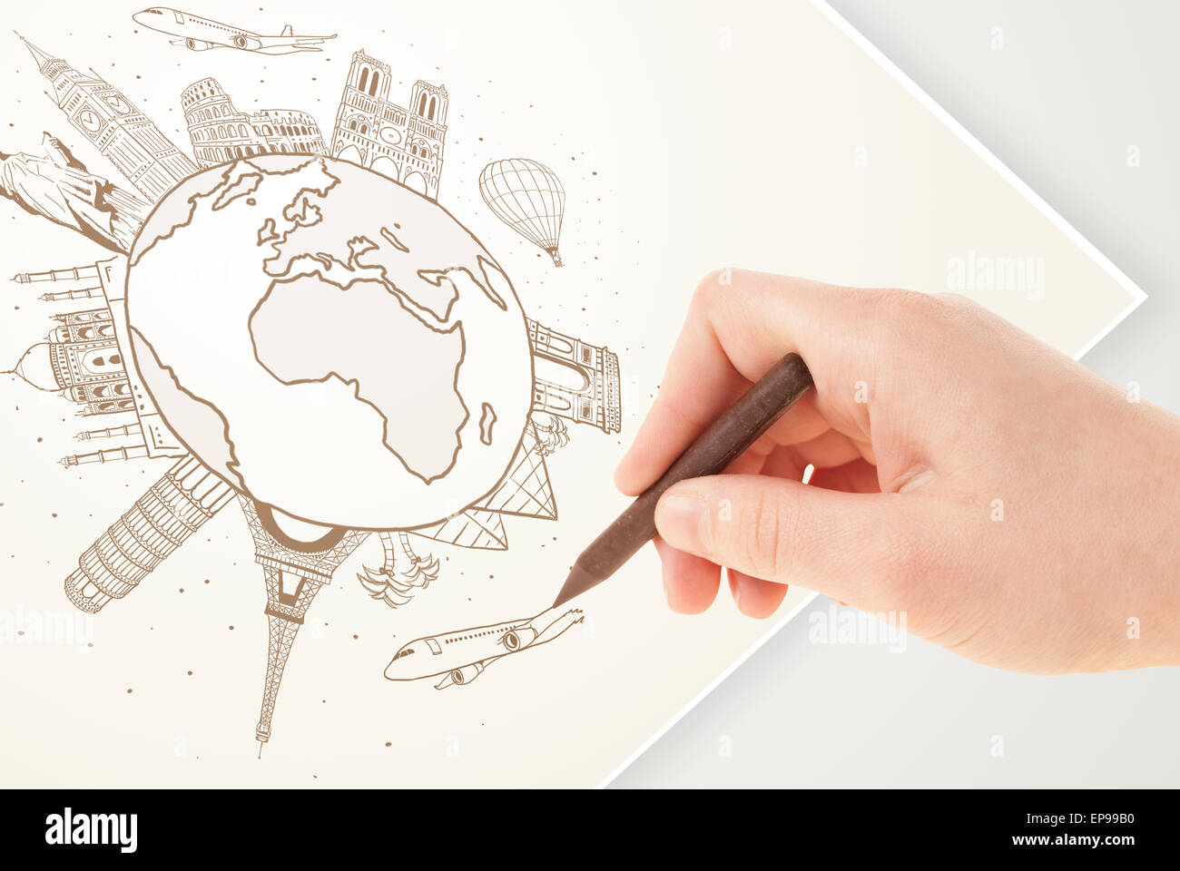 Hand drawing vacation trip around the earth with landmarks and cities ...