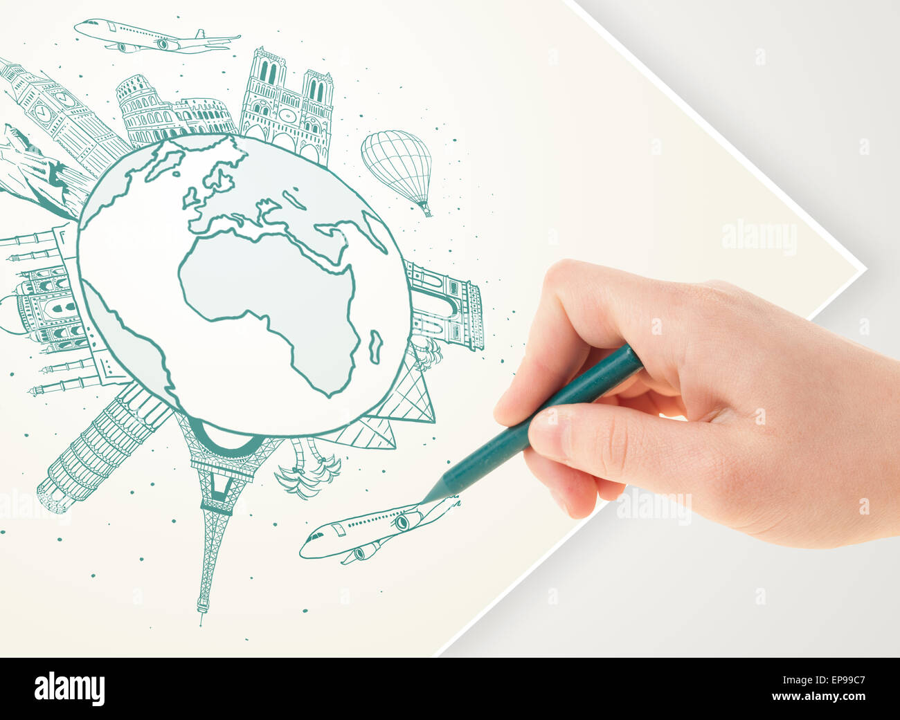 Hand drawing vacation trip around the earth with landmarks and cities ...