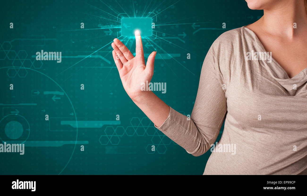 Woman pressing high tech type of modern buttons Stock Photo - Alamy