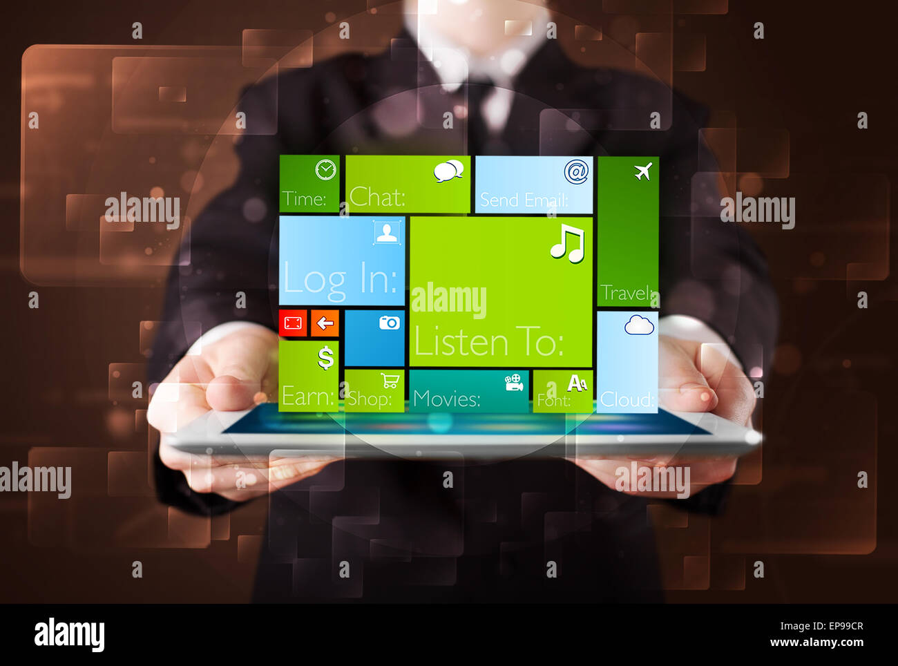 Businessman holding a tablet with modern software operational system ...