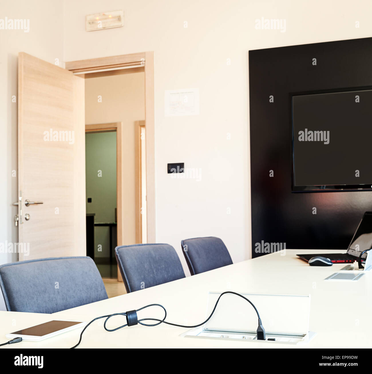 Interior of a modern office, furniture in white and computer hardware ...