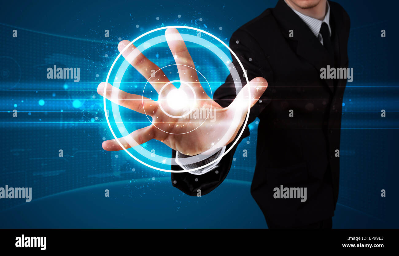 Businessman pressing high tech type of modern buttons Stock Photo - Alamy