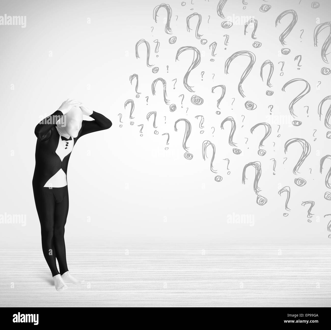 3d human character is body suit looking at hand drawn question marks ...