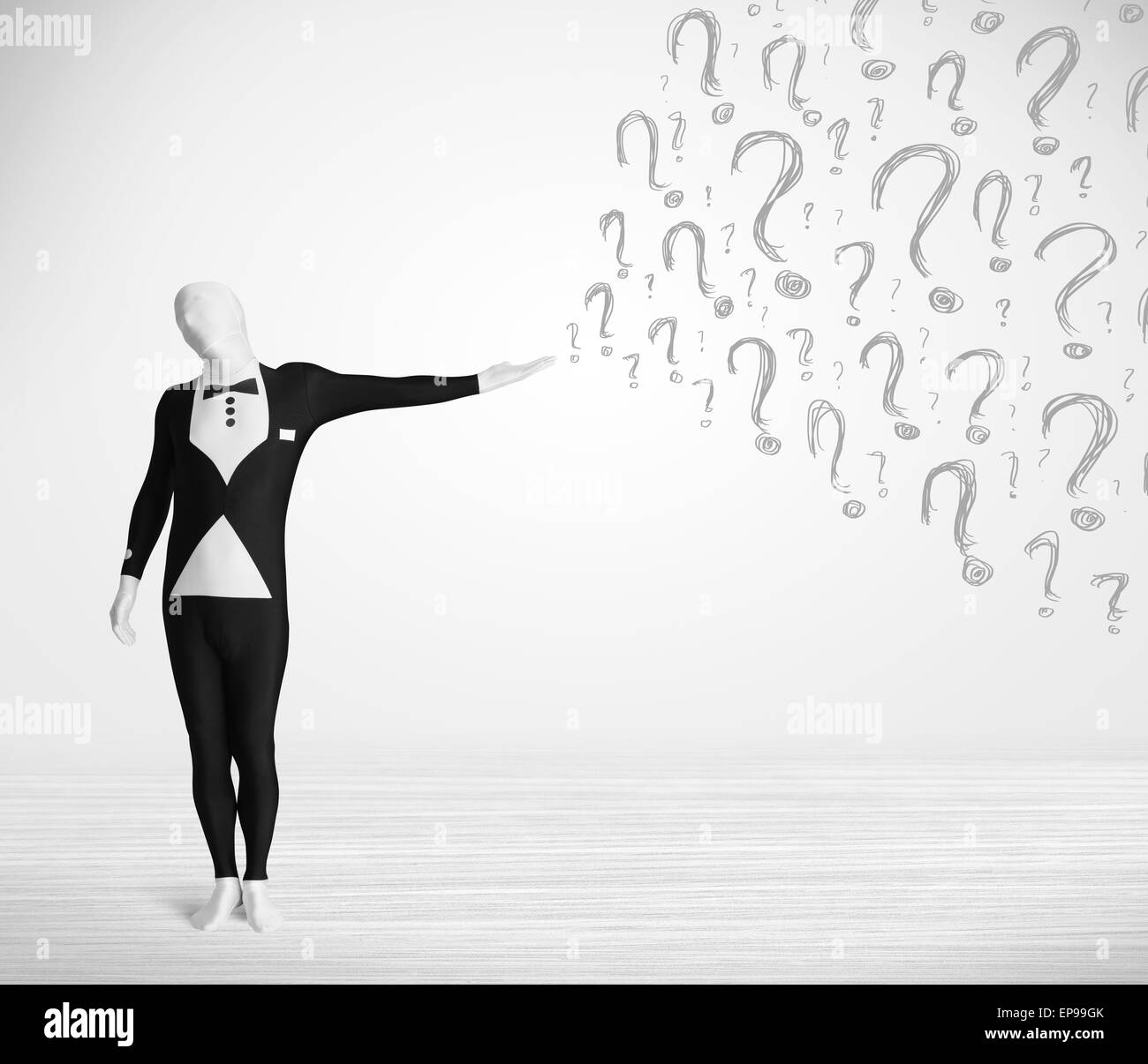 3d human character is body suit looking at hand drawn question marks ...