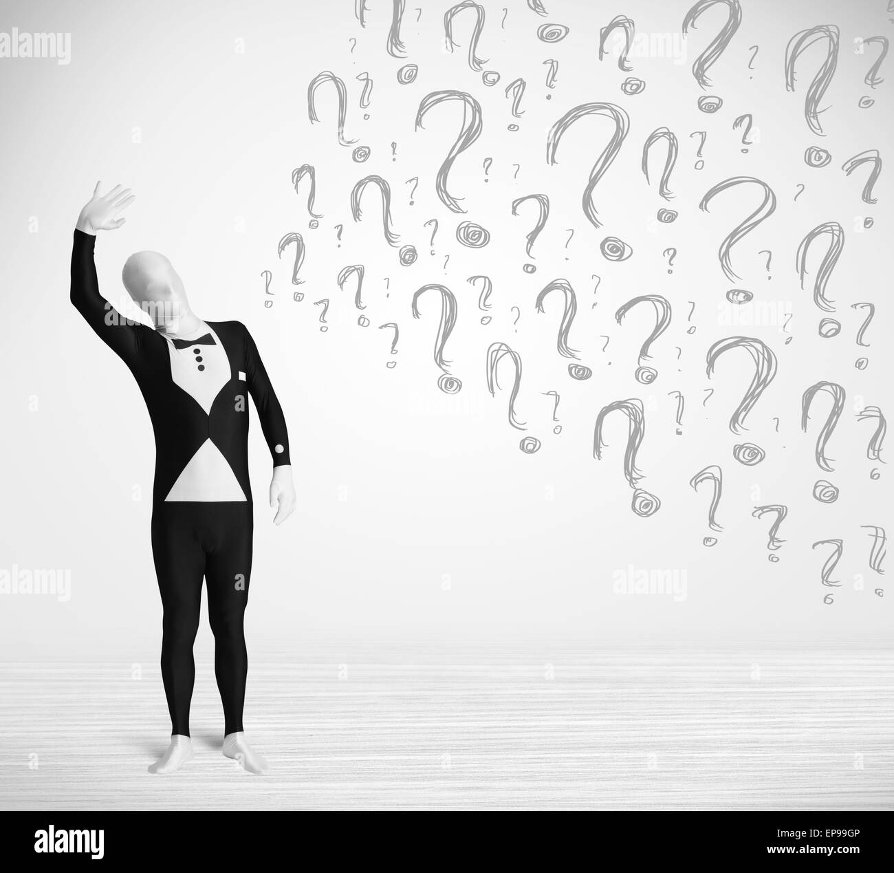 3d human character is body suit looking at hand drawn question marks ...