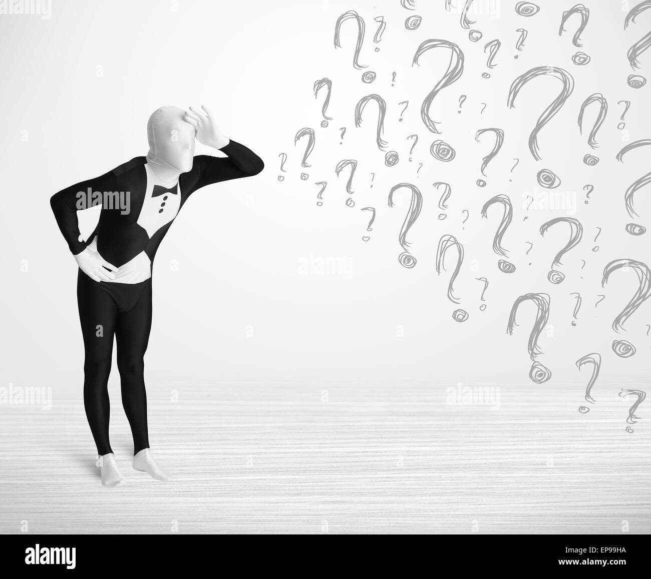 3d human character is body suit looking at hand drawn question marks ...