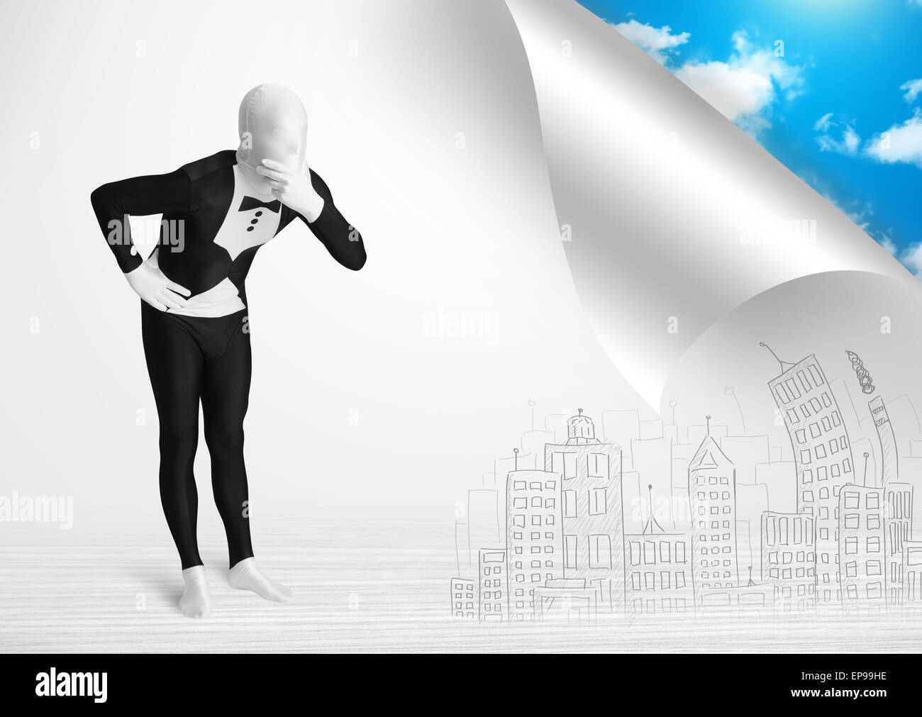 Man in body suit escaping from city to nature concept Stock Photo - Alamy