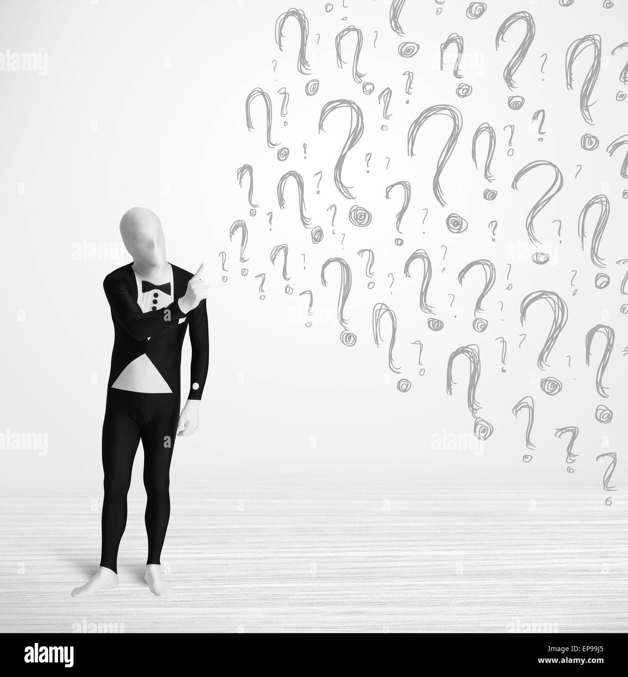 3d human character is body suit looking at hand drawn question marks ...