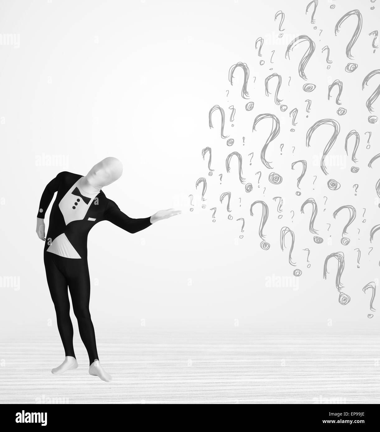 3d human character is body suit looking at hand drawn question marks ...