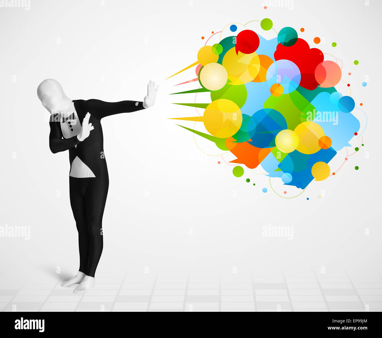 Strange guy in morphsuit looking at colorful speech bubbles Stock Photo ...