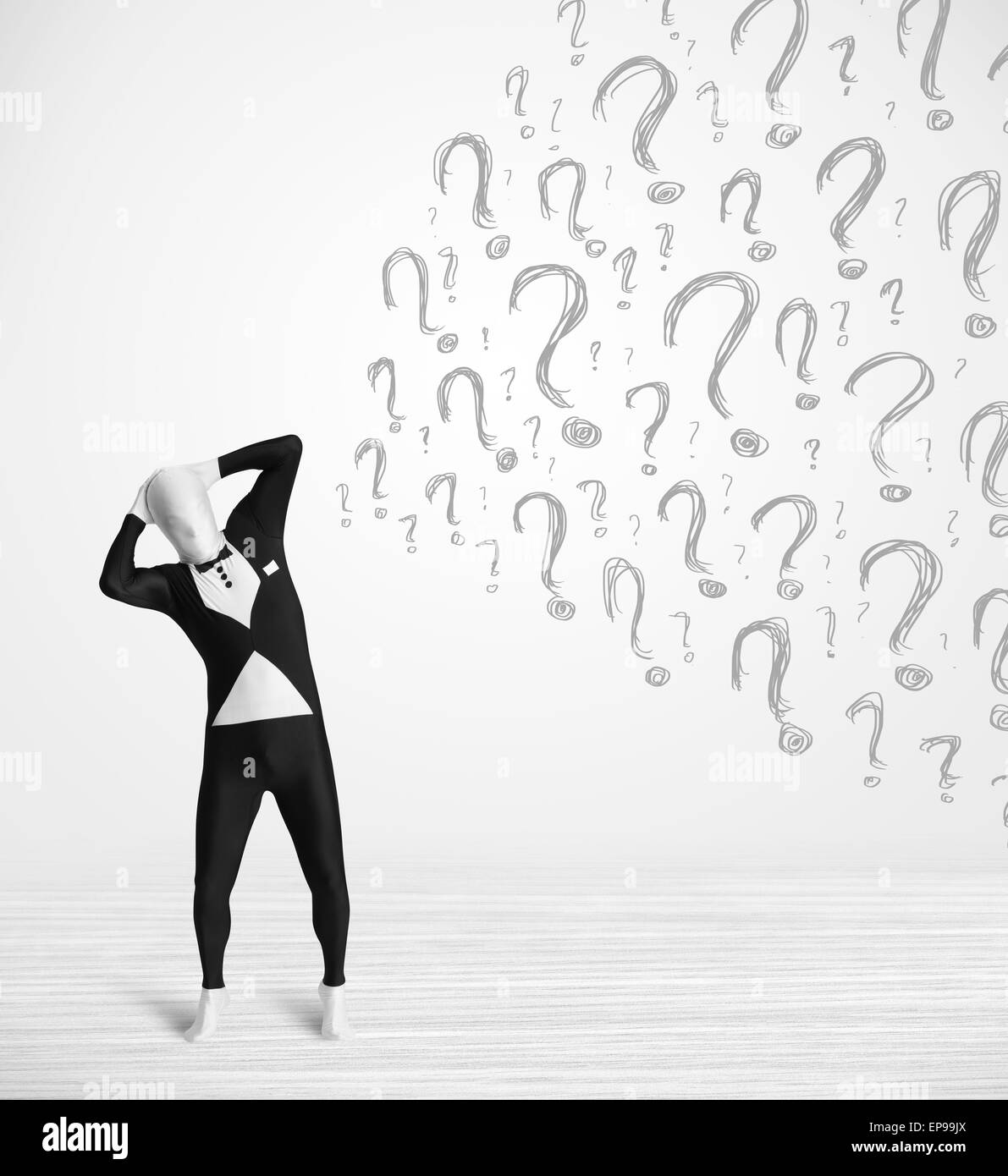 3d human character is body suit looking at hand drawn question marks ...