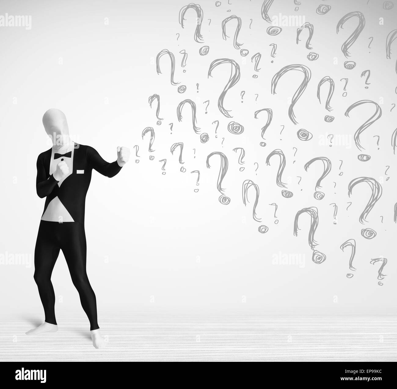 3d human character is body suit looking at hand drawn question marks ...