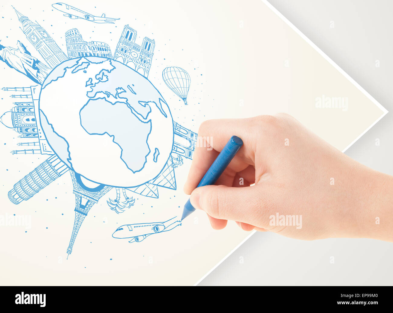 Hand drawing vacation trip around the earth with landmarks and cities ...