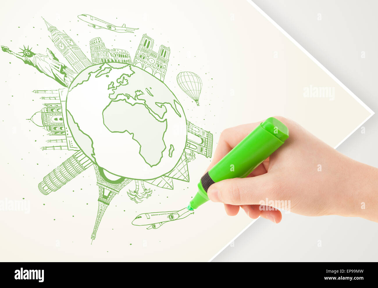 Hand drawing vacation trip around the earth with landmarks and cities ...