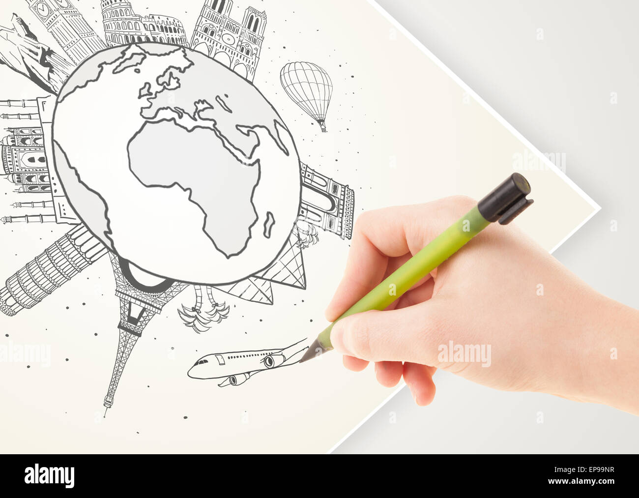 Hand drawing vacation trip around the earth with landmarks and cities ...