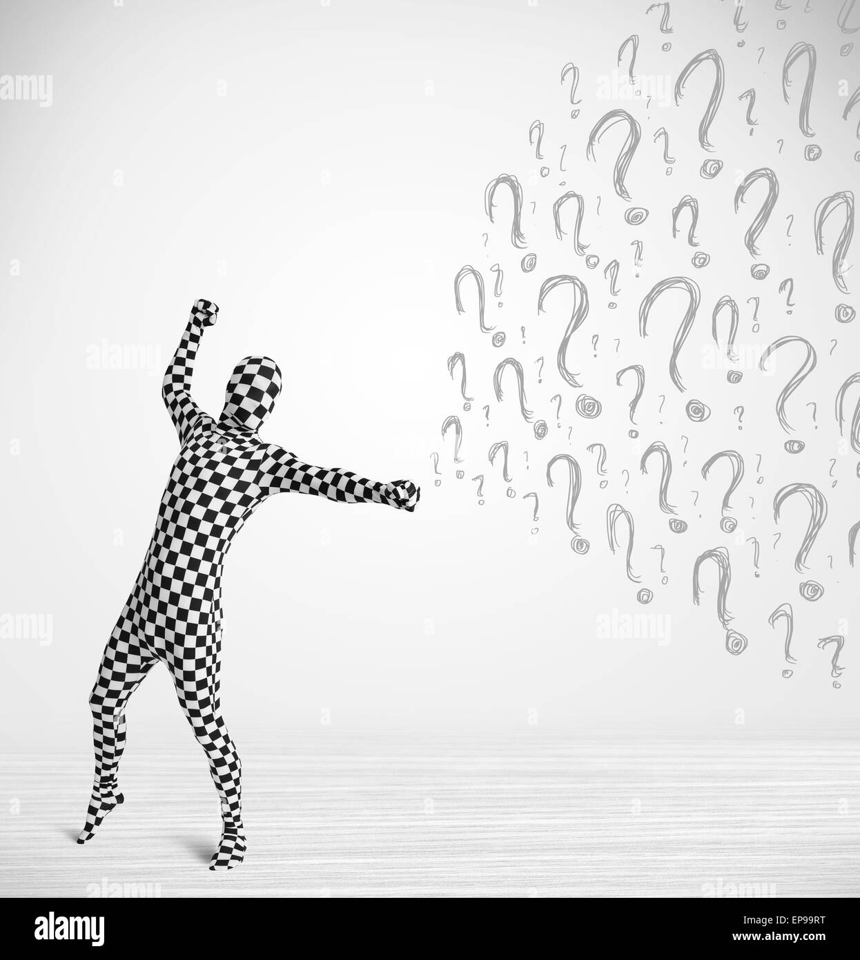 3d human character is body suit looking at hand drawn question marks ...