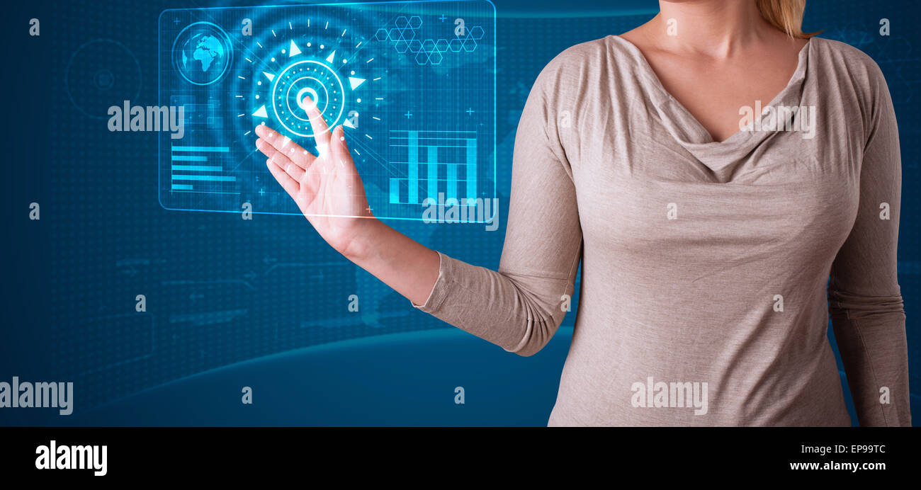 Woman pressing high tech type of modern buttons Stock Photo - Alamy