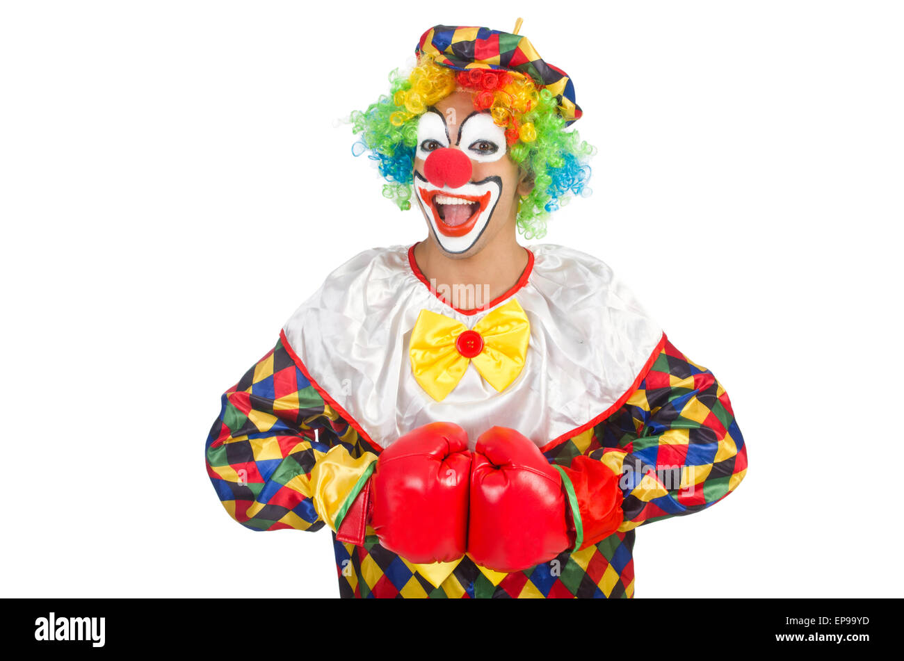 Clown with boxing gloves isolated on white Stock Photo - Alamy