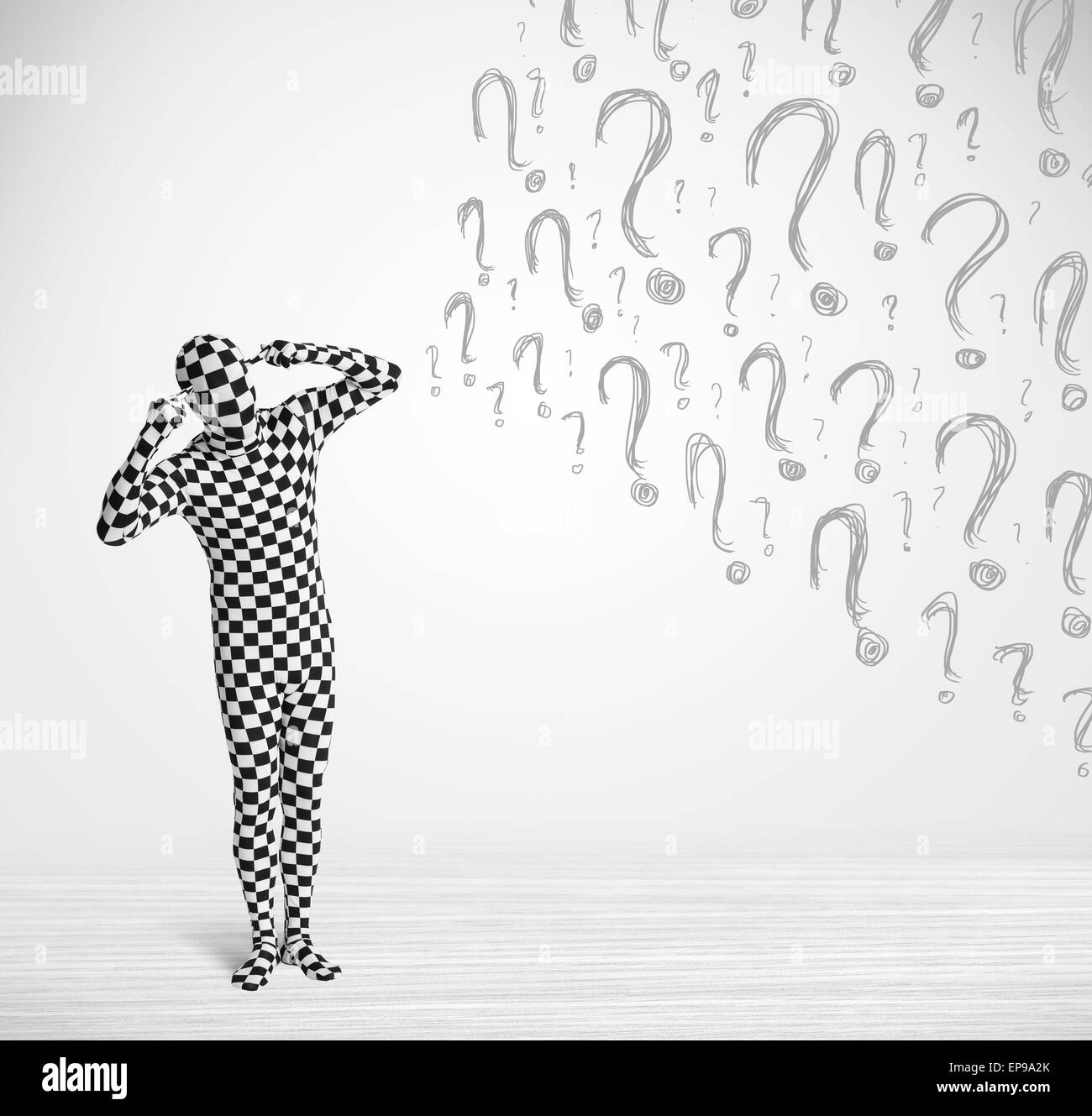 3d human character is body suit looking at hand drawn question marks ...