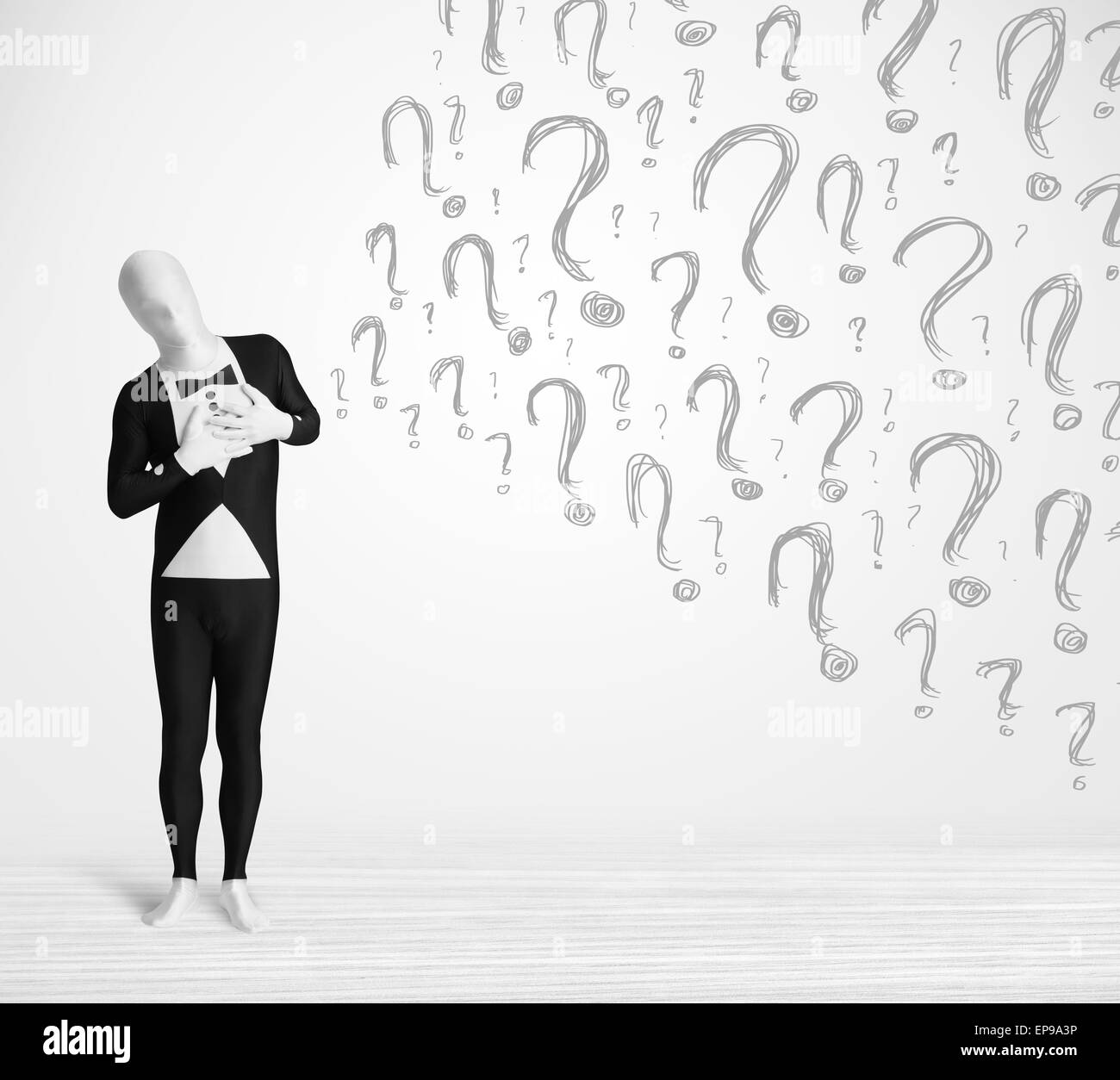 3d human character is body suit looking at hand drawn question marks ...