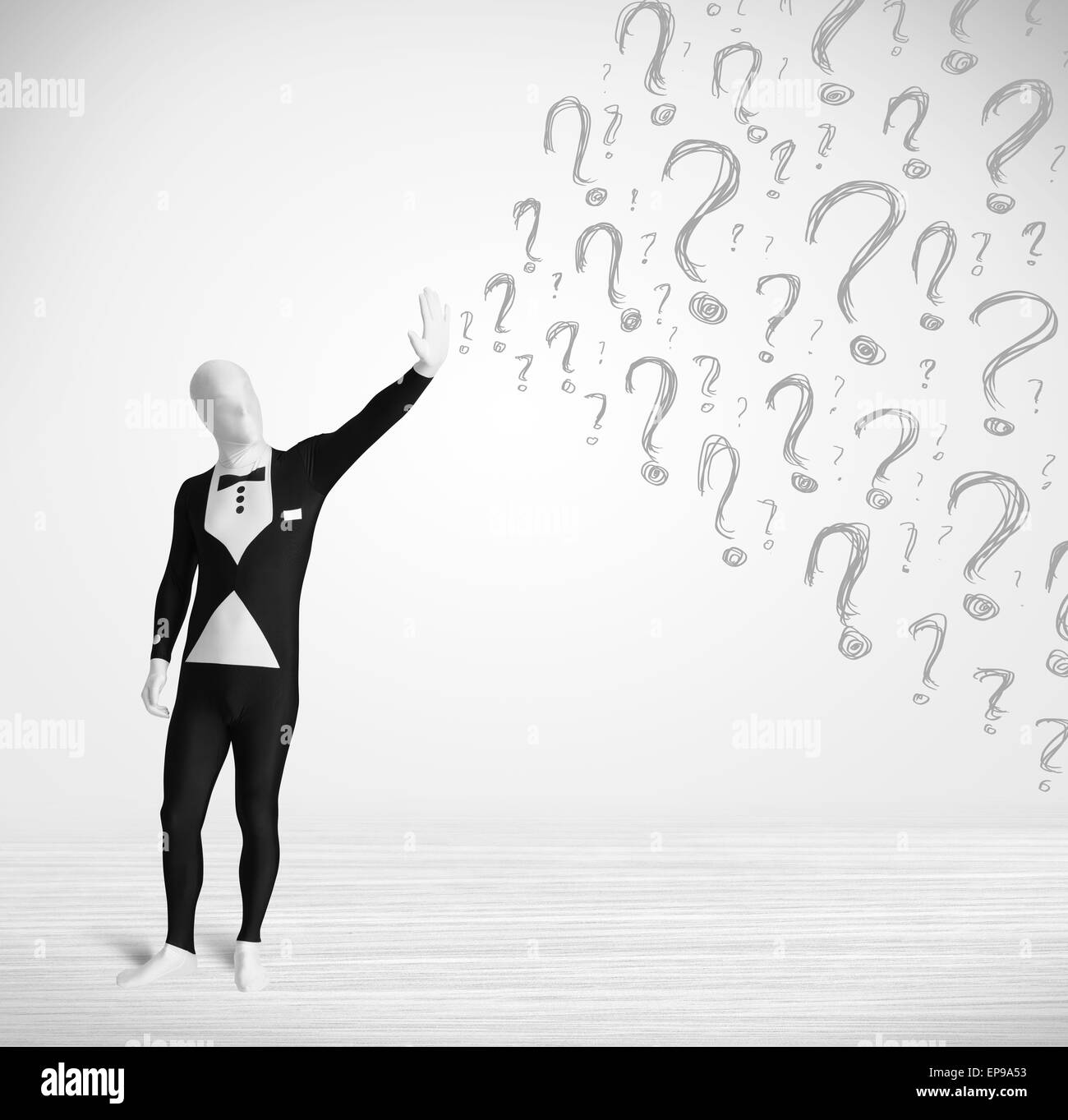 3d human character is body suit looking at hand drawn question marks ...