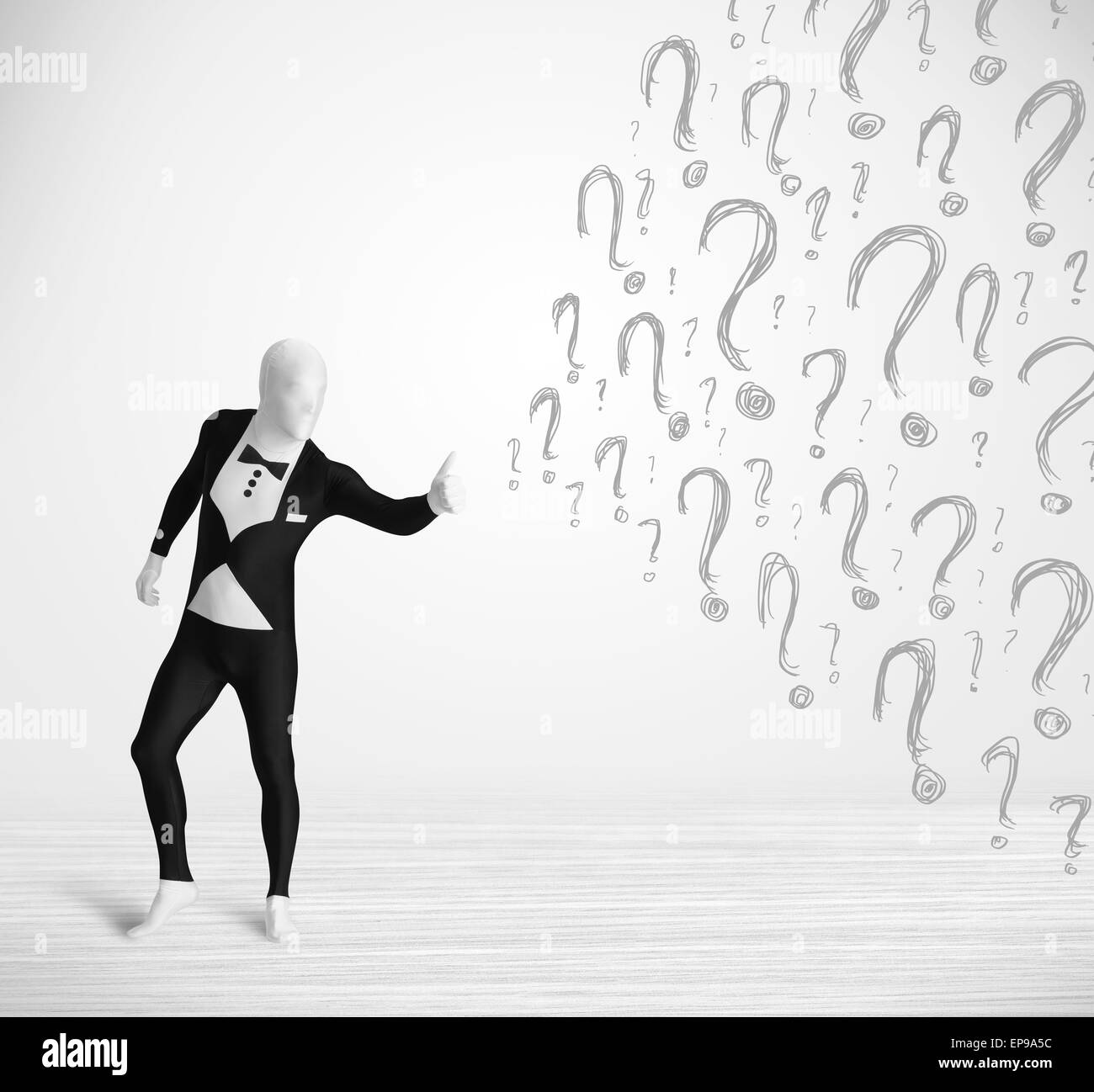 3d human character is body suit looking at hand drawn question marks ...