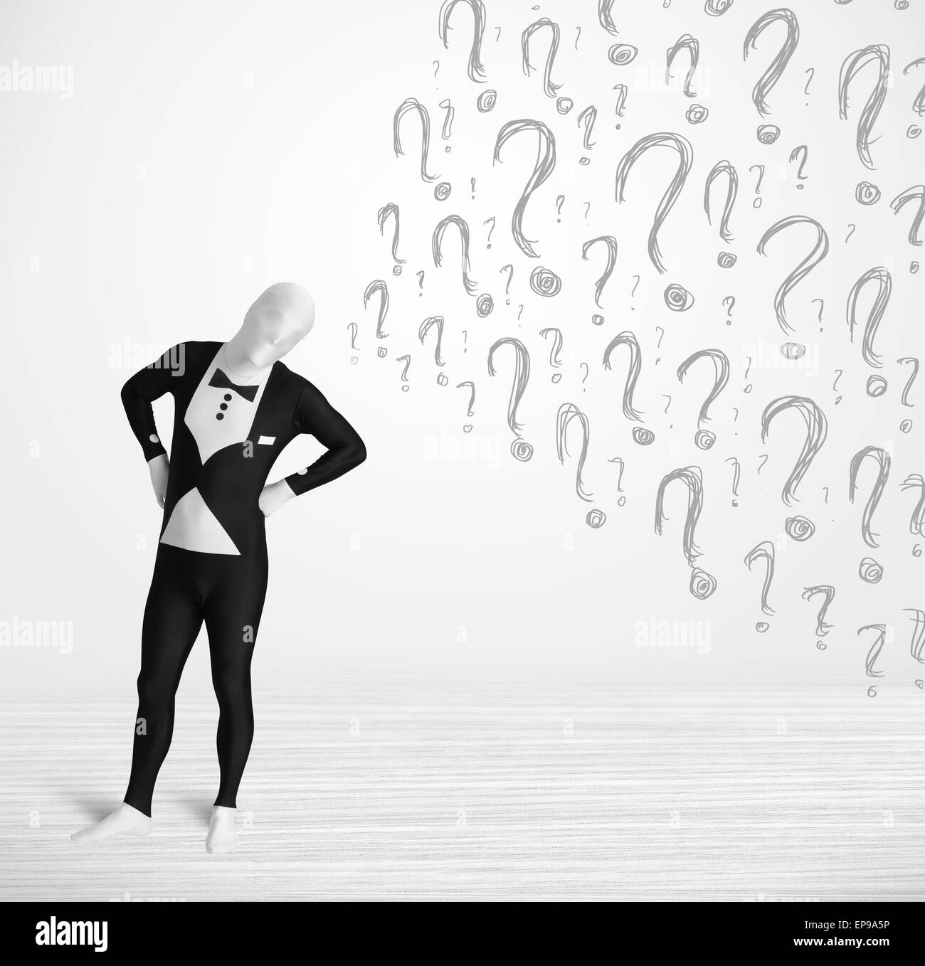 3d human character is body suit looking at hand drawn question marks ...