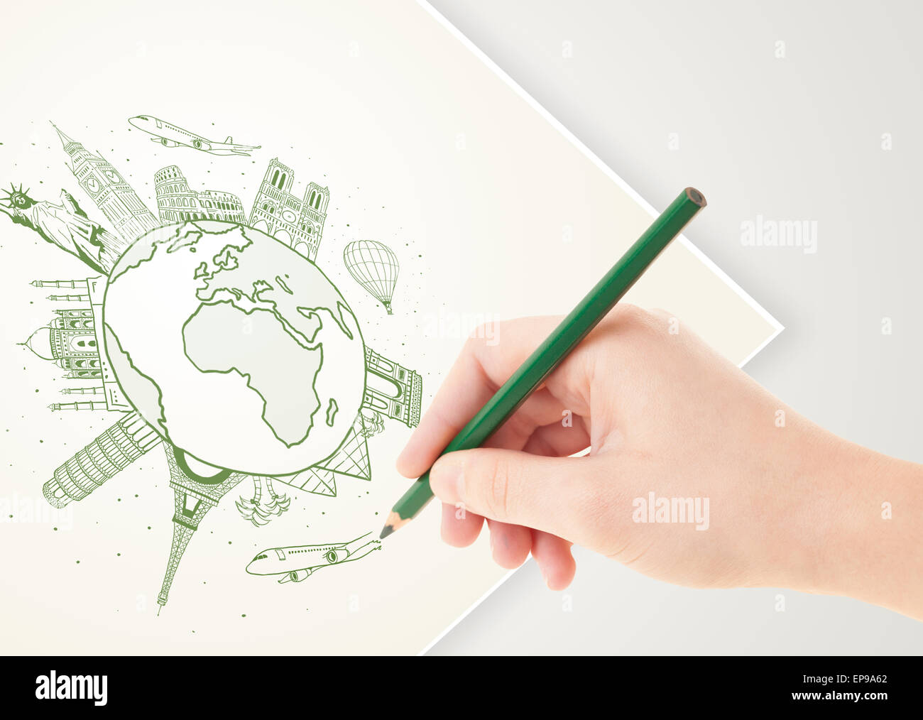 Hand drawing vacation trip around the earth with landmarks and cities ...