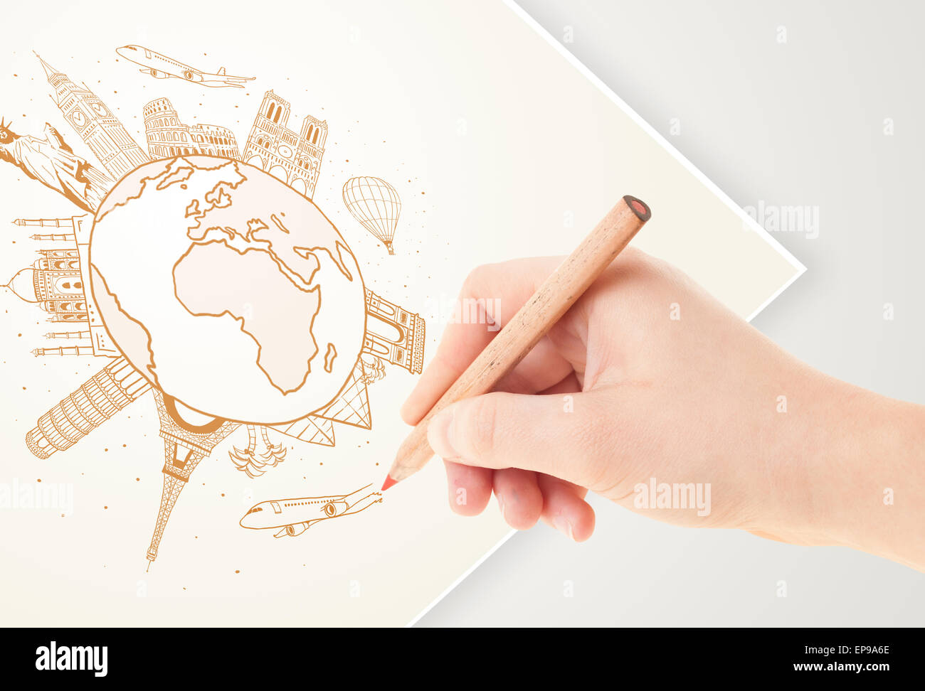 Hand drawing vacation trip around the earth with landmarks and cities ...