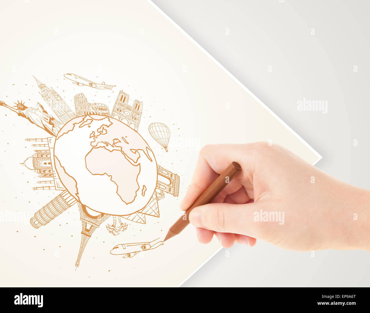 Hand drawing vacation trip around the earth with landmarks and cities ...
