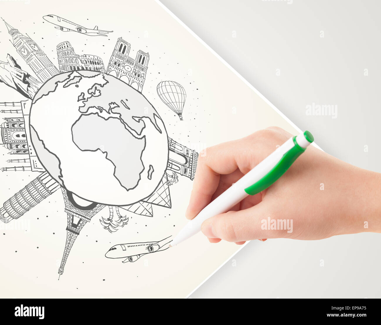 Hand drawing vacation trip around the earth with landmarks and cities ...