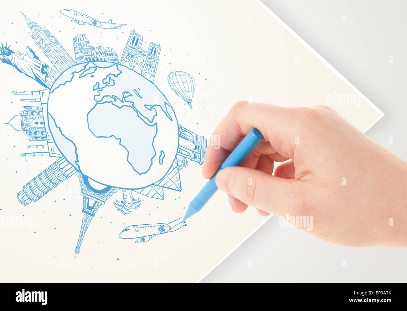 Hand drawing vacation trip around the earth with landmarks and cities ...