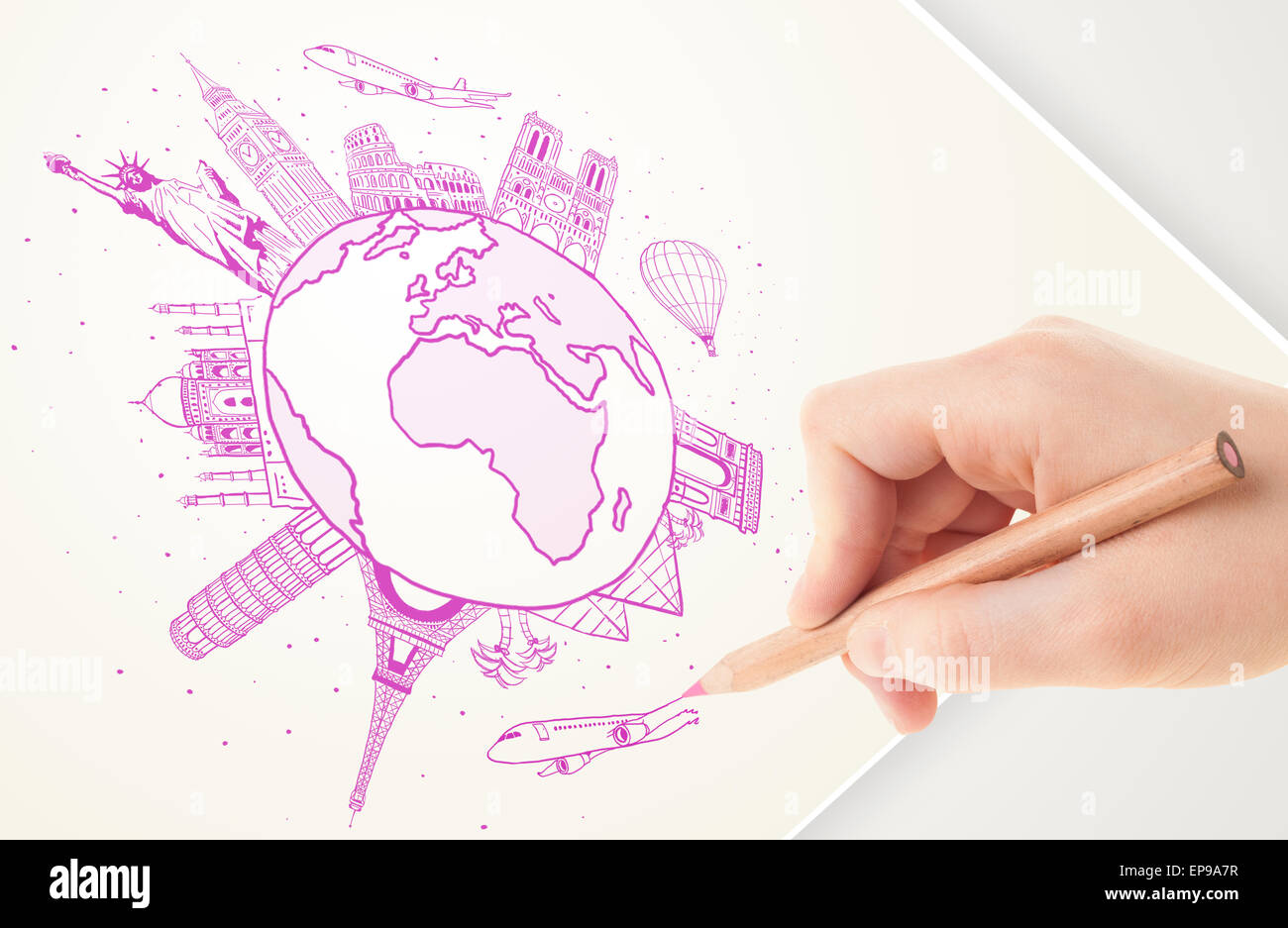 Hand drawing vacation trip around the earth with landmarks and cities ...