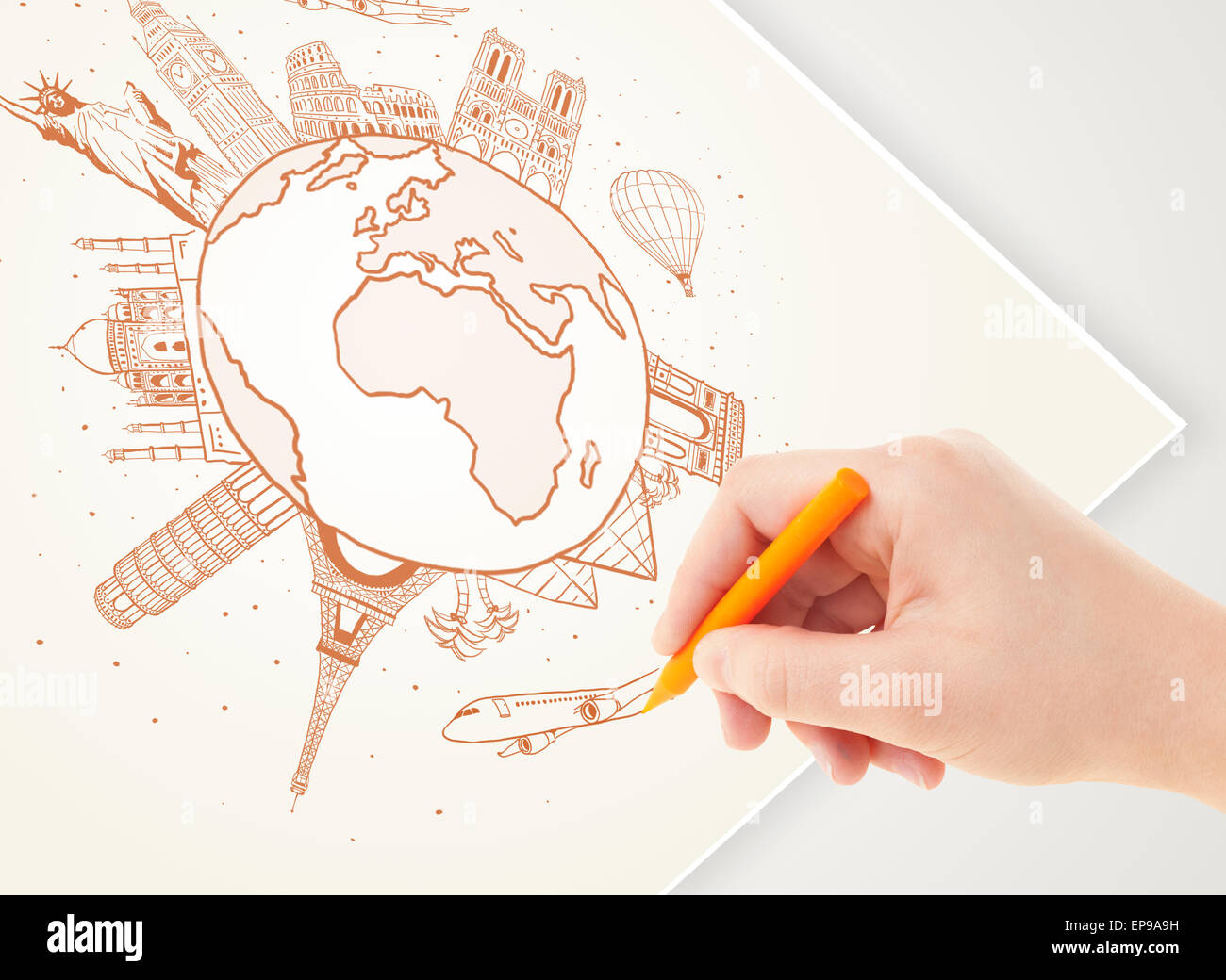 Hand drawing vacation trip around the earth with landmarks and cities ...